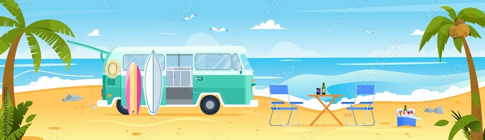 Retro vintage travelling van on the beach with surfboards. Camping ...