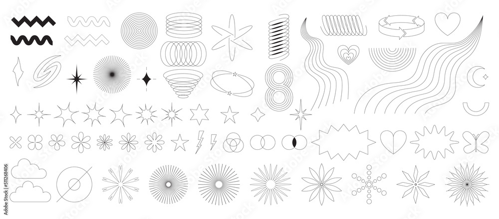 A set of abstract outline geometric design elements in y2k style. Modern graphic shapes, stars ...