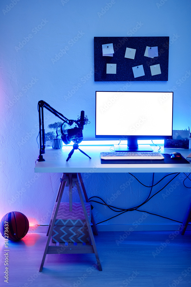 Vertical background image of gaming room with blue neon lighting and PC ...