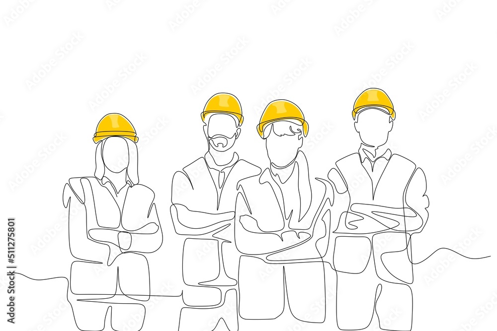 One line drawing of male and female building builder groups wearing ...