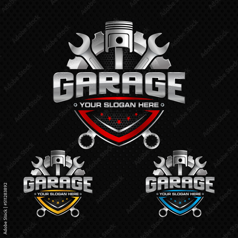 Auto repair logo. Emblem with Piston, Gear and wrench element. Perfect ...