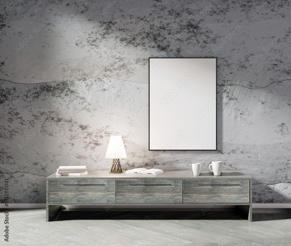Vertical frame on the stone wall above wooden table. Template for ...