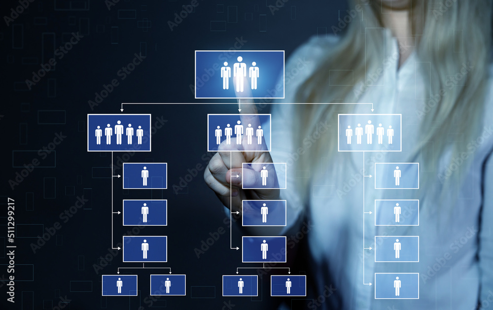 Business hierarchy structure. Business process and workflow automation with flowchart. Virtual ...