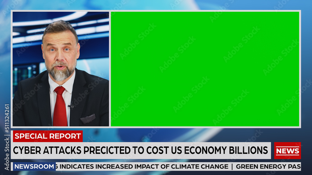 Split Screen TV News Live Report: Anchor Talks, Reporting. Reportage ...