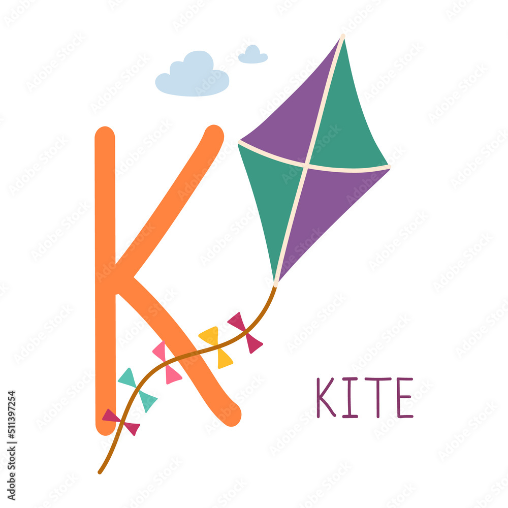 Capital letter K of English childish alphabet with kite. Cute kids font ...