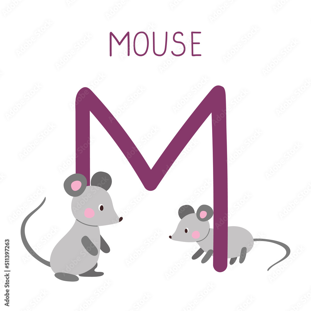 Capital letter M of English childish alphabet with mouses. Cute kids ...