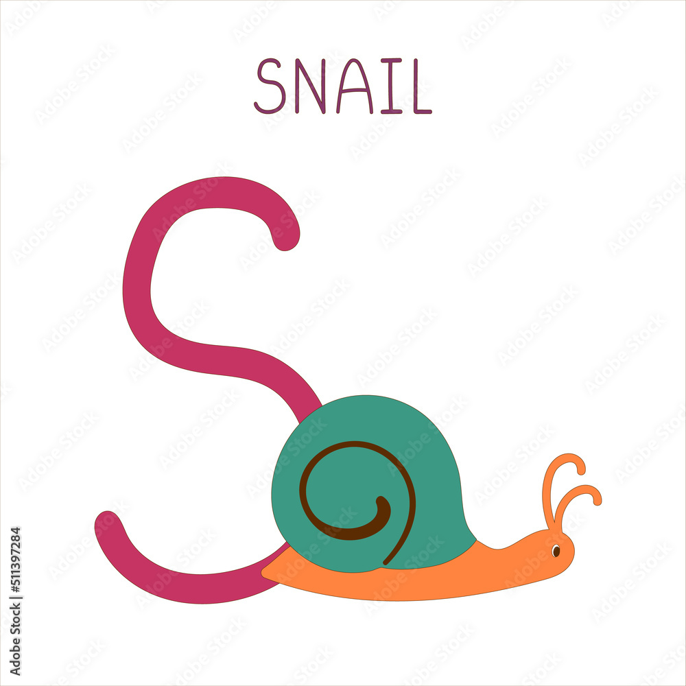 Capital letter S of English childish alphabet with snail. Cute kids ...