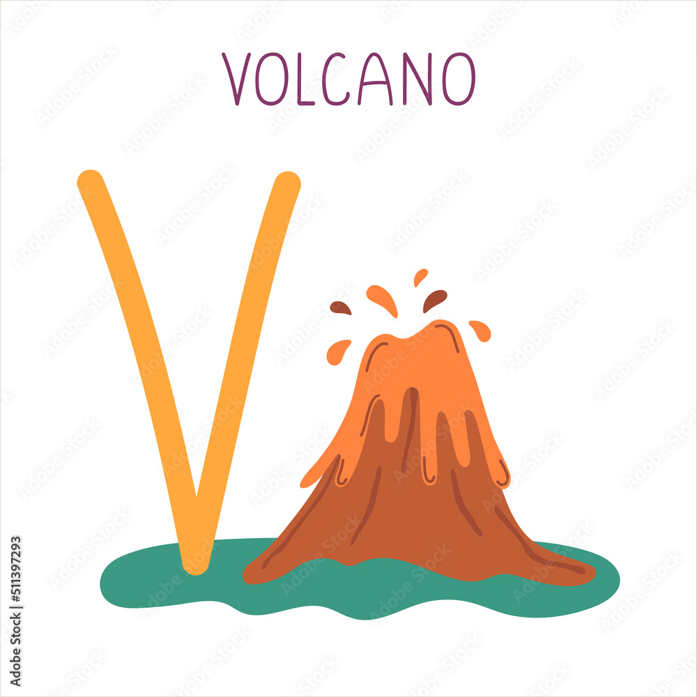 Capital letter V of English childish alphabet with volcano. Cute kids ...