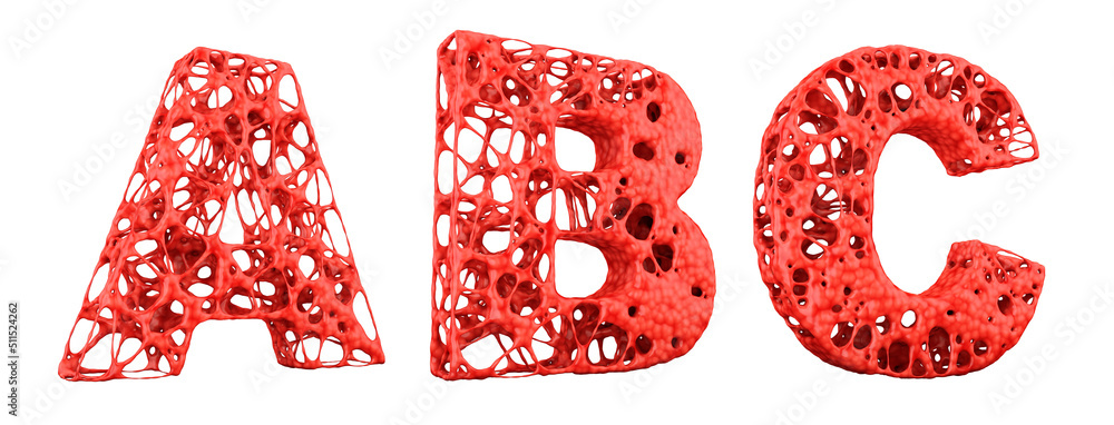 Molecule alphabet. Letters A, B, C organ celular. Human body font. 3D ...