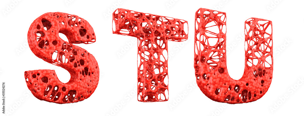 Molecule alphabet. Letters S, T, U organ celular. Human body font. 3D ...