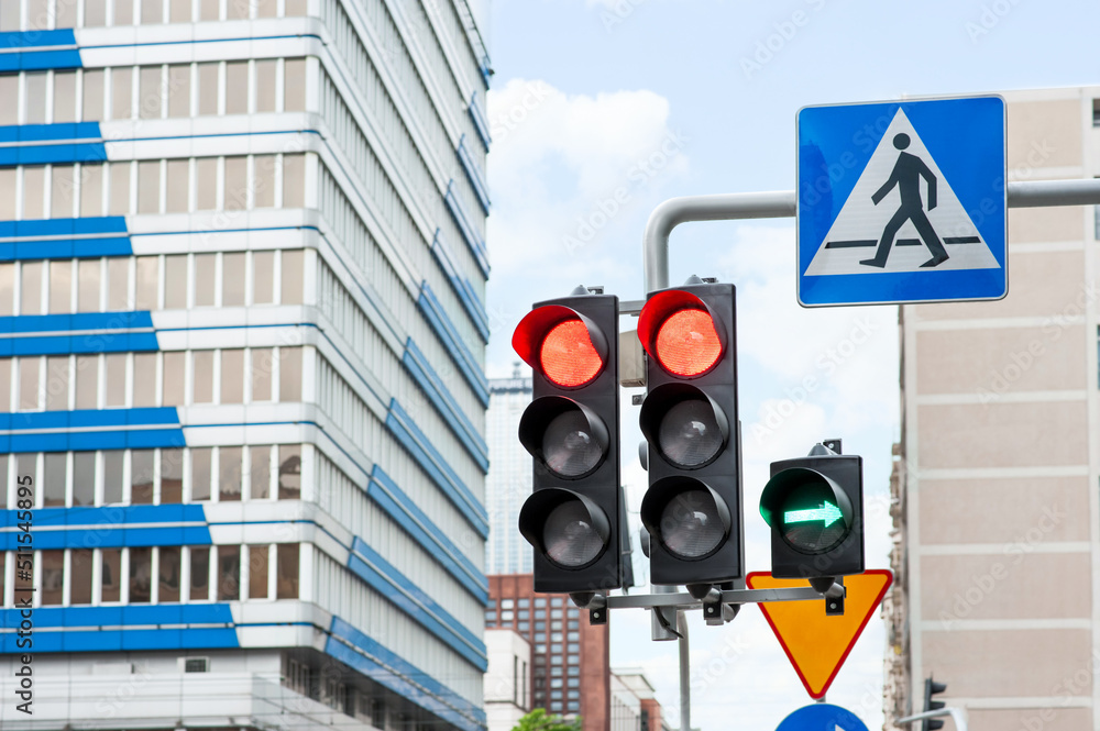 Traffic lights and Pedestrian Crossing road sign in city Stock Photo ...