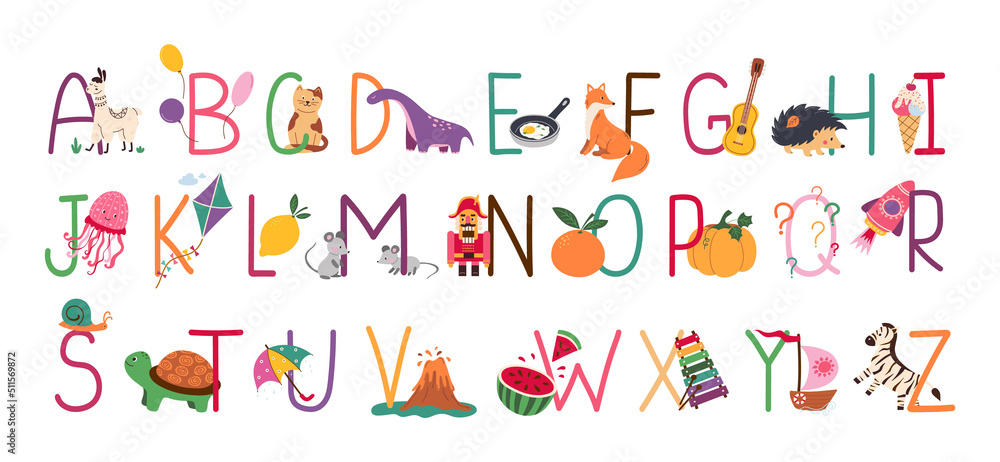 English alphabet with cute animals vector illustrations set. Childish ...