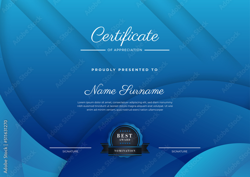 Modern blue certificate of achievement award template with badge and ...