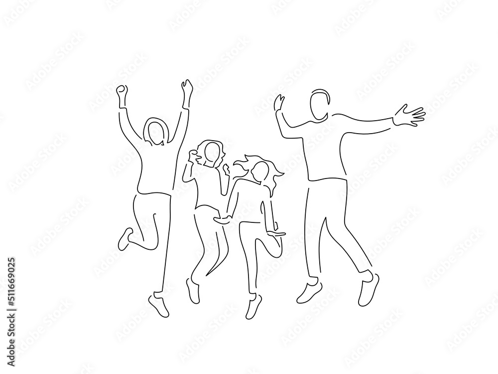 Family having fun in line art drawing style. Composition of a group of ...