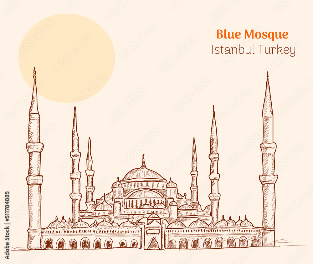 Sultanahmet camii Blue Mosque Hand drawing mosque watercolor vector ...