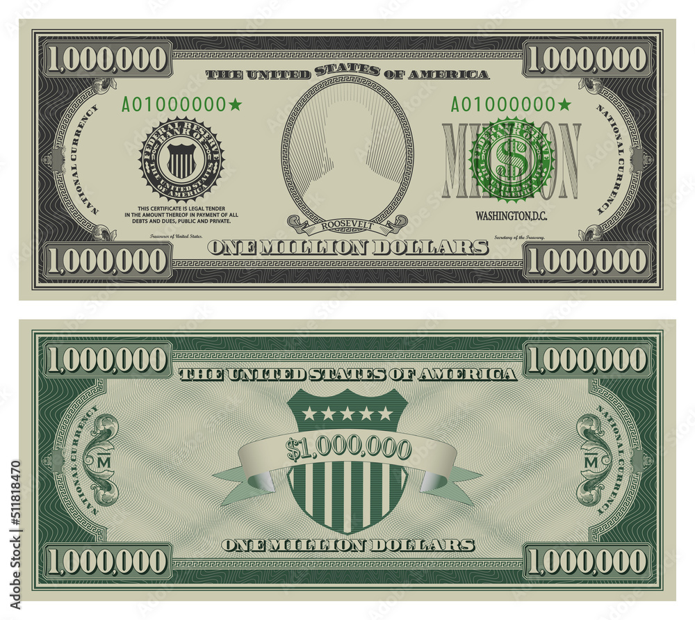 Vector million dollars banknote. Gray obverse and green reverse ...