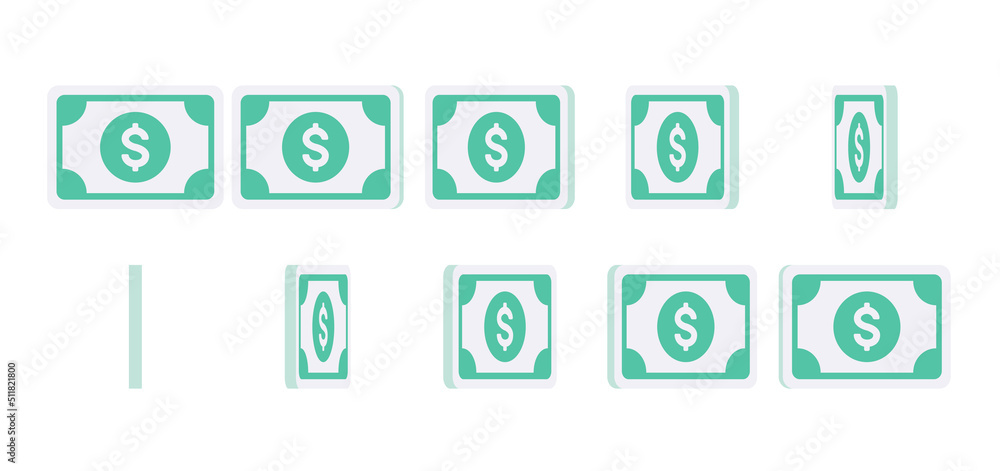 Cartoon dollar banknote rotating. Animation sprite sheet isolated on ...
