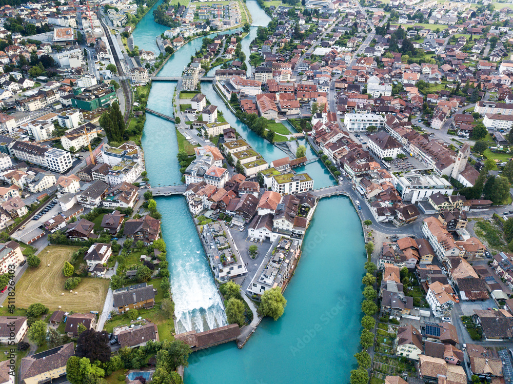 Aerial view over the city of Interlaken in Switzerland. Interlaken is ...