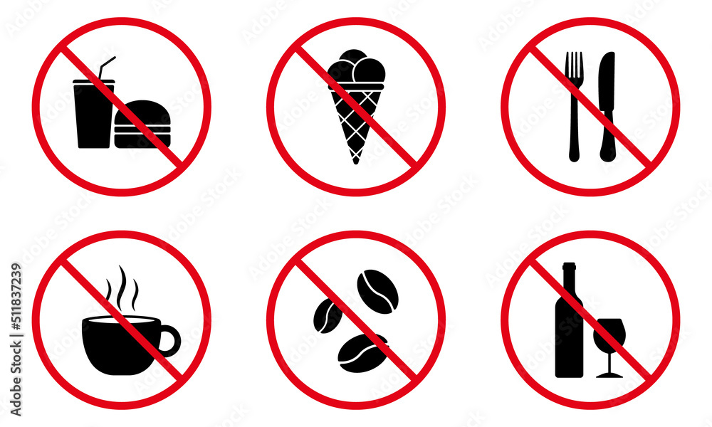 Forbidden Drink Cofee Tea Eat Pictogram Set. Ban Alcohol Black ...
