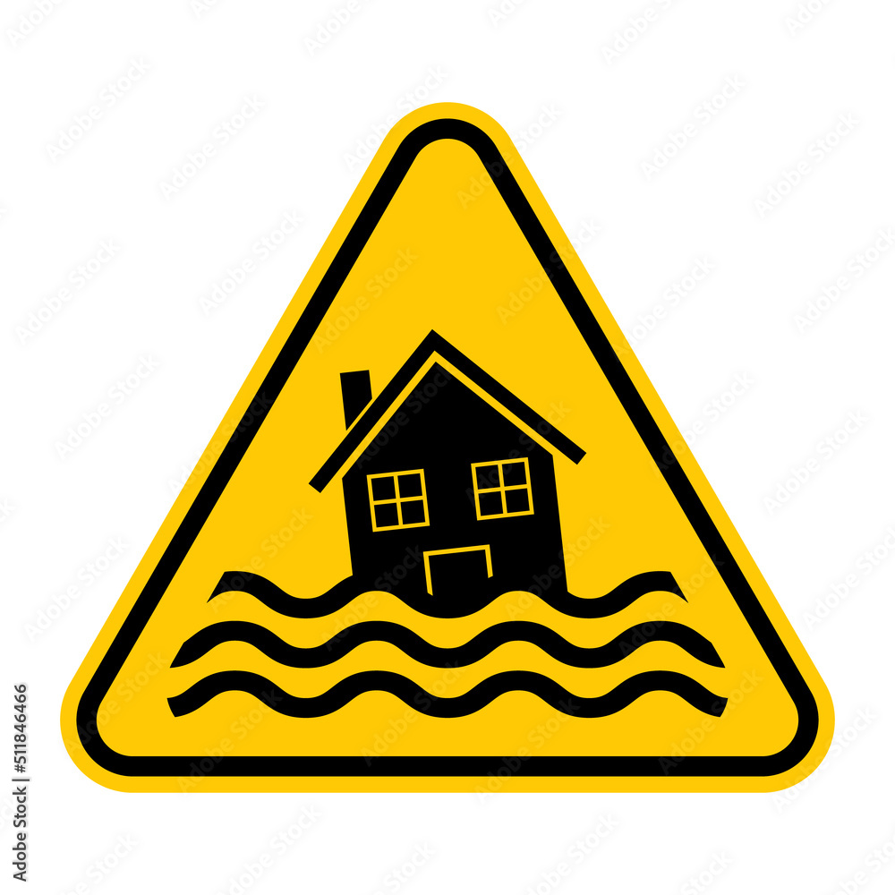Flood warning sign. Vector illustration of yellow triangle sign with ...