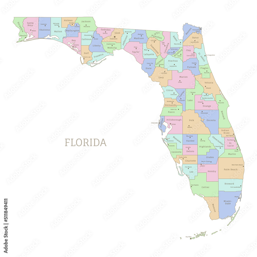 Administrative color map of Florida, American federal state. USA state ...