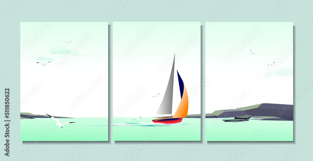 Ocean, rocks, sailboat and seagull birds in the sky modular triptych ...