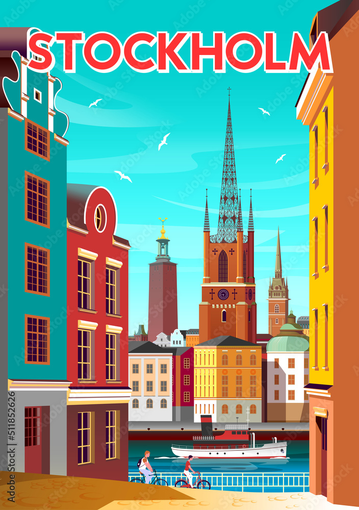 Cityscape of Stockholm with historic buildings, churches, town hall and ...