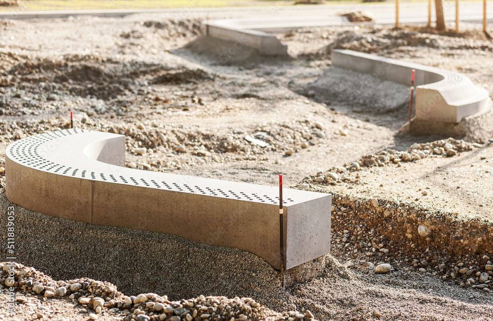 Curb Concrete Blocks Laying for New Sidewalk. Paving Curbs stone by ...