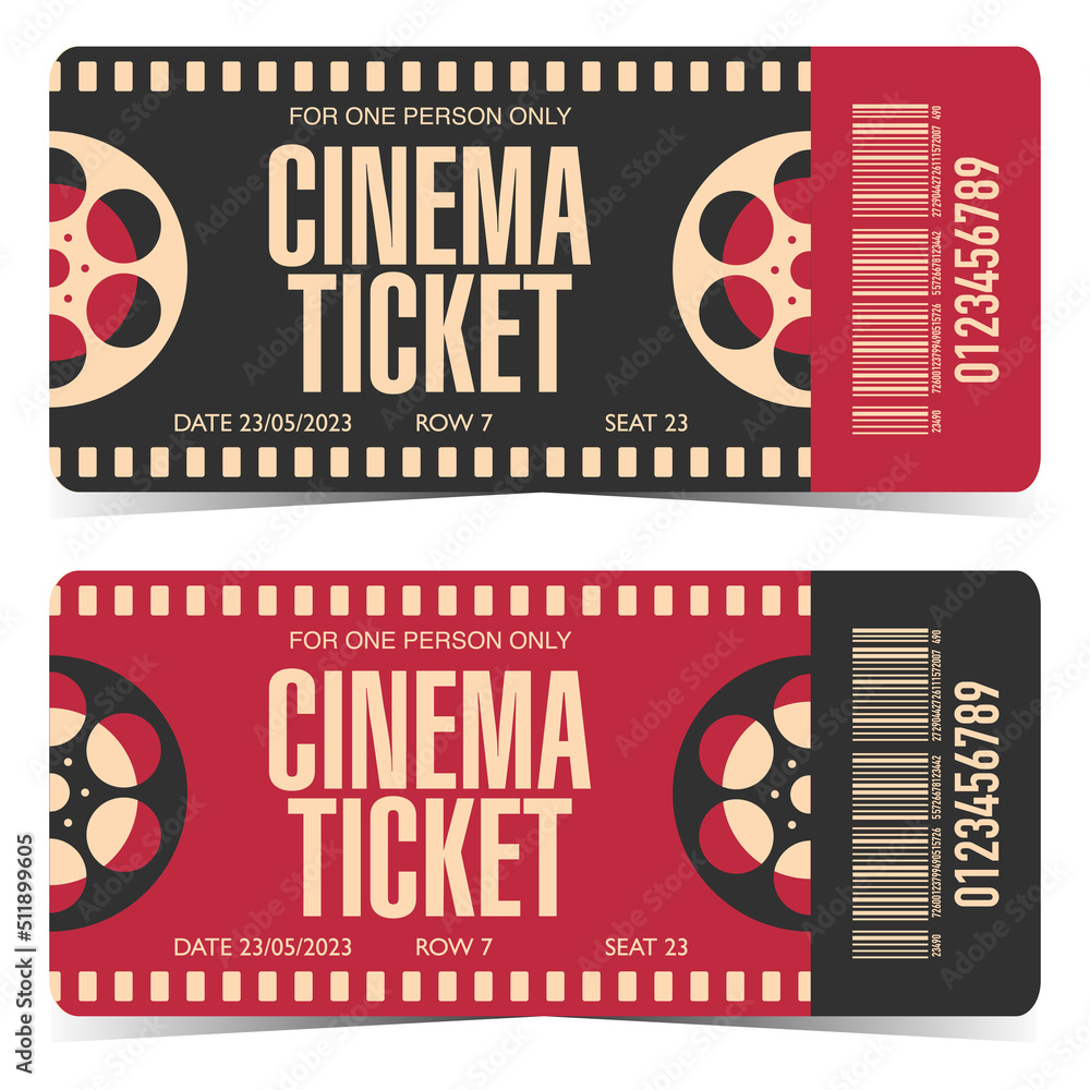 Cinema ticket design mockup with cinematographic film strip and film ...