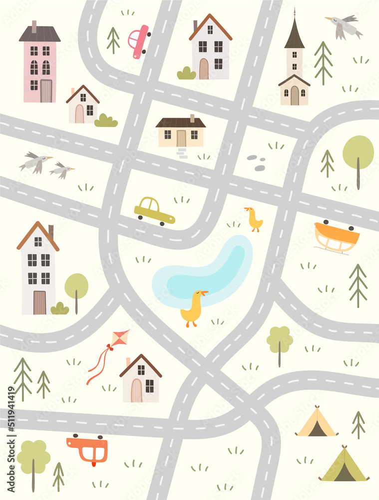 Children's illustration with road map, cars and houses in cartoon style ...