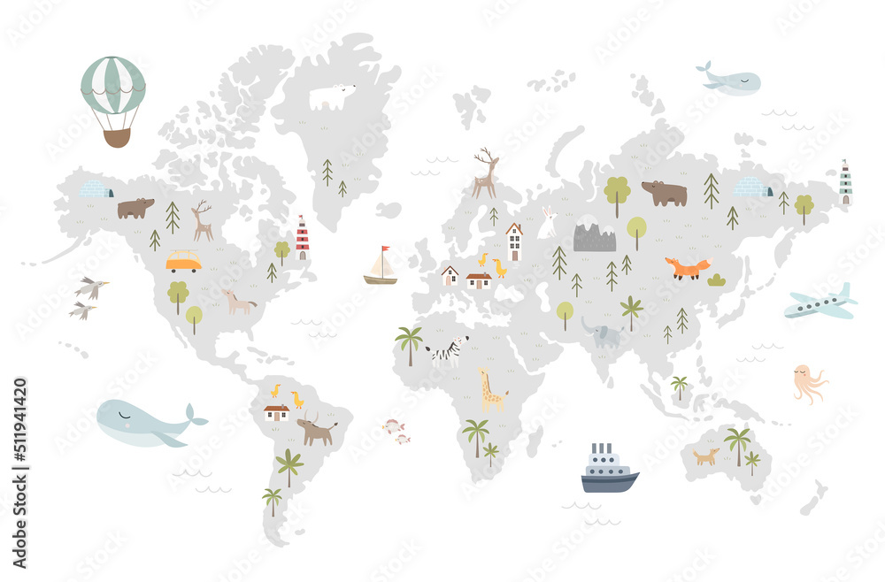 World map with cute animals in cartoon style. Map for nursery, kids ...