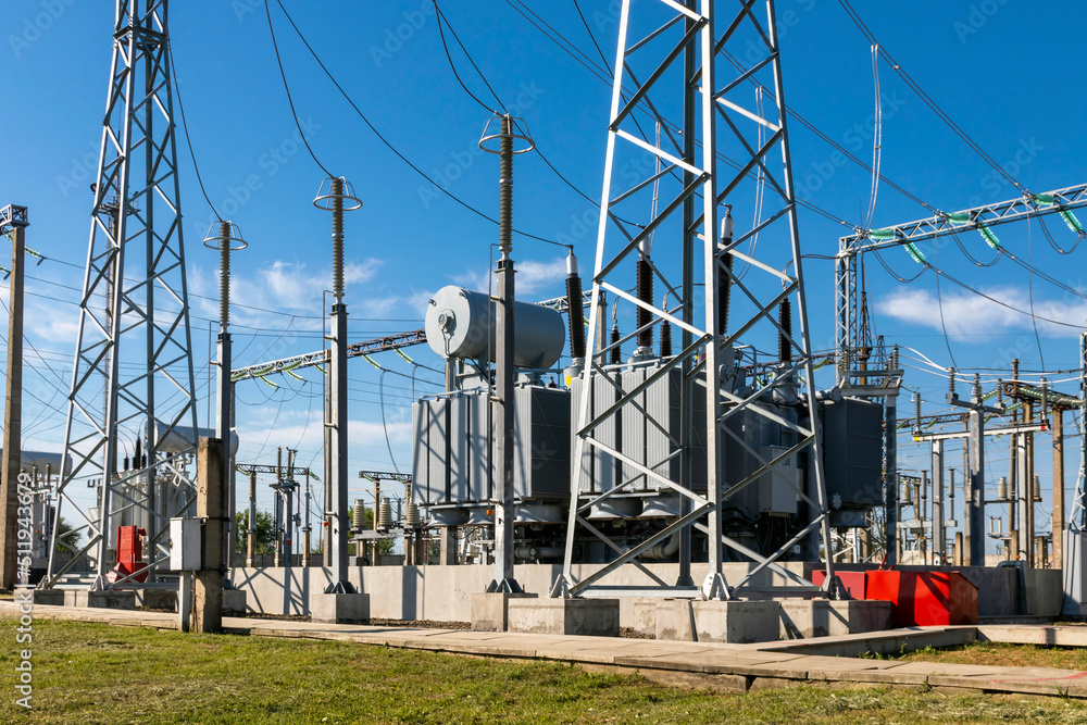 High voltage substation. Power transformer. Stock Photo | Adobe Stock