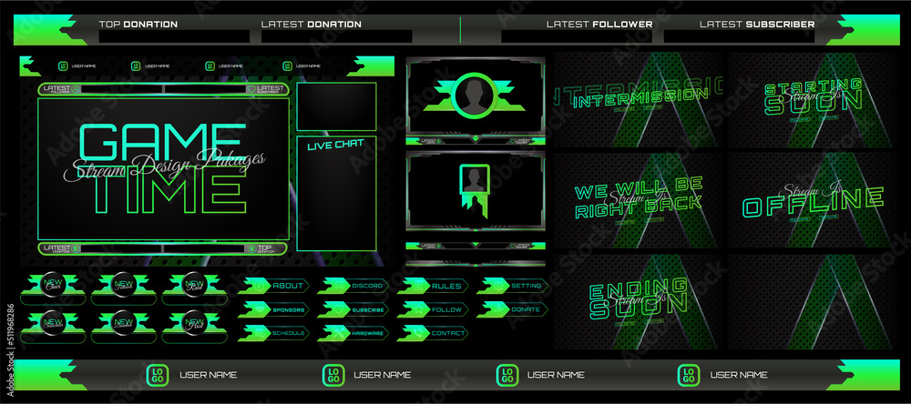 twitch Stream Facecam OBS Template Green Game overlay design Pack ...