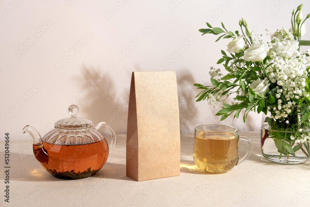 Tea branding and packaging mockup. Blank tea packaging mockup with tea ...