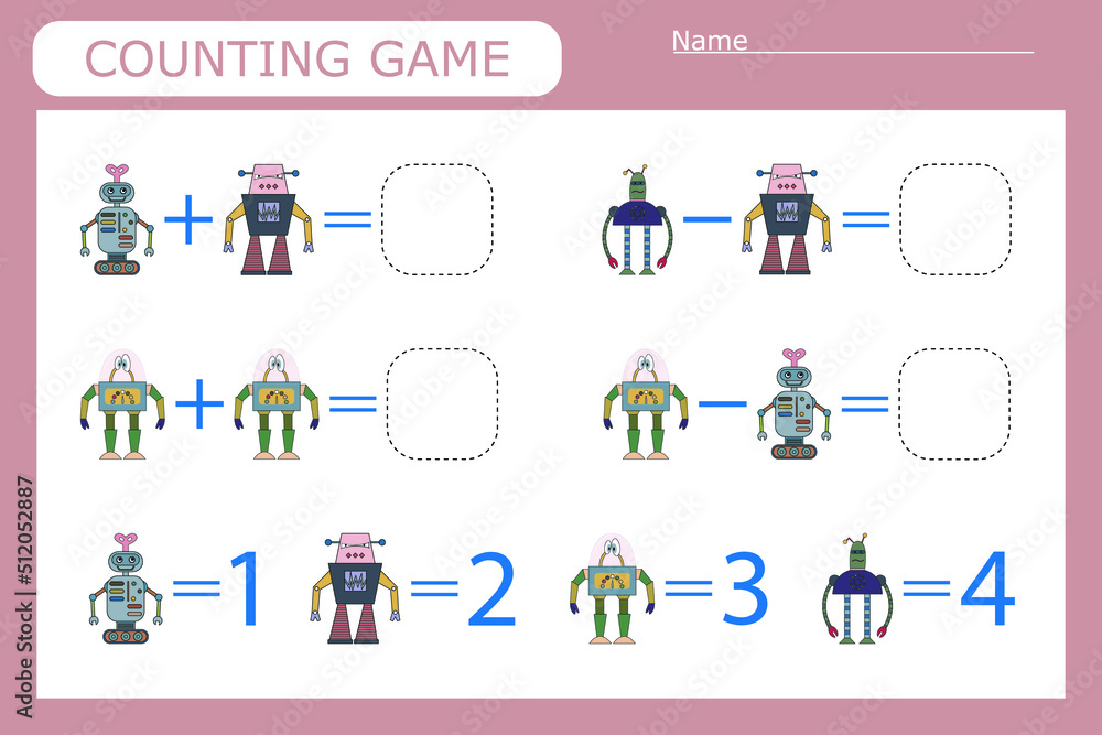 counting game with funny robots . Preschool worksheet, kids activity ...