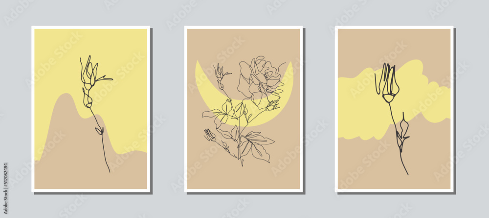 Set of 3 one single line drawing rose flower on earthy background color ...