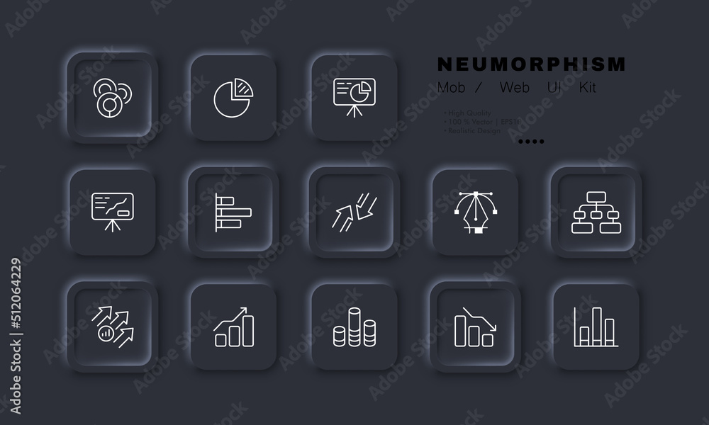 Data analysis set icon. Diagram, chart, graph, analytics, board, databases, tables, columns ...