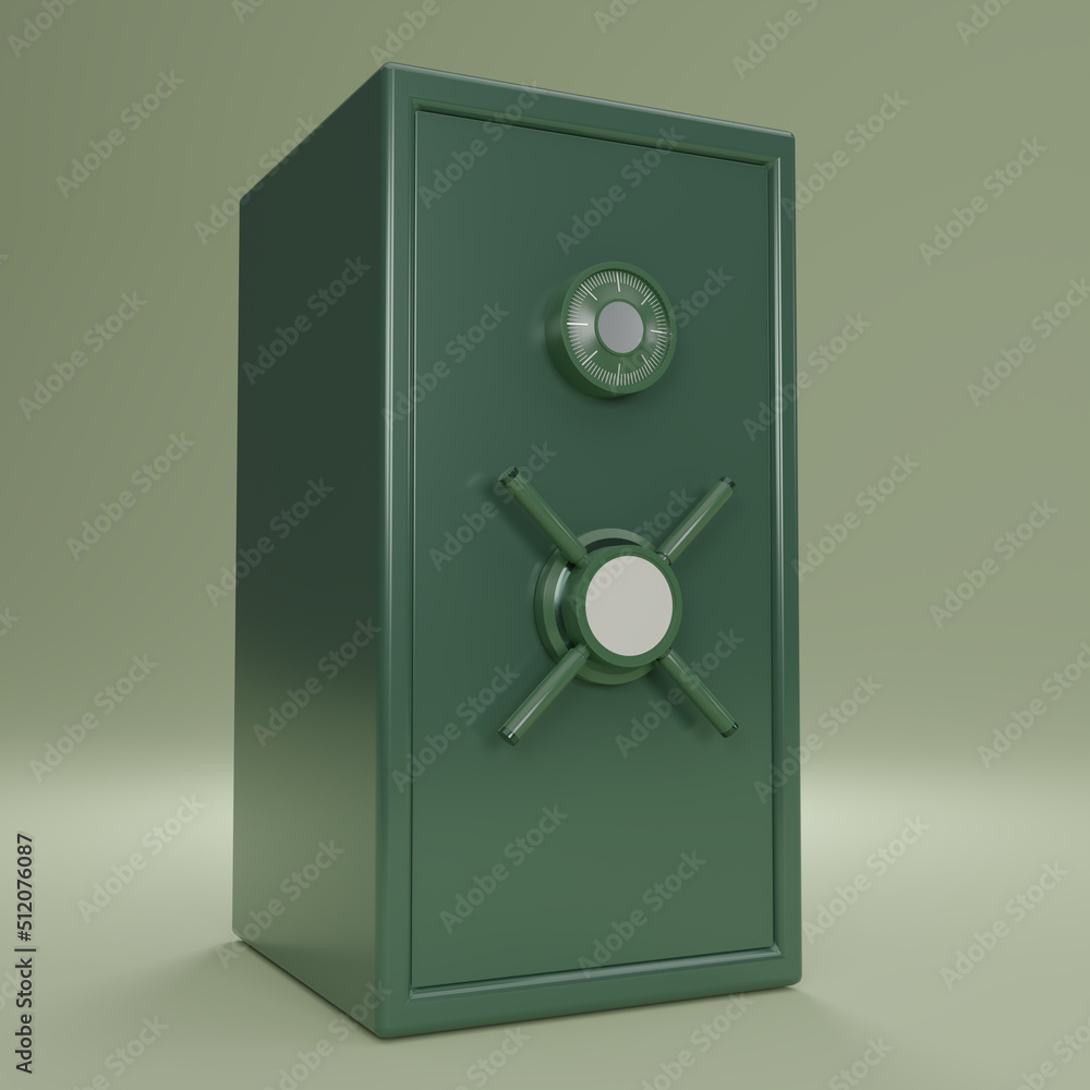 Green Safe box font view on a light green background. Closed metallic ...