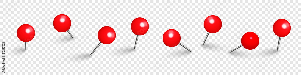 Realistic red push pins. Board tacks isolated on transparent background ...