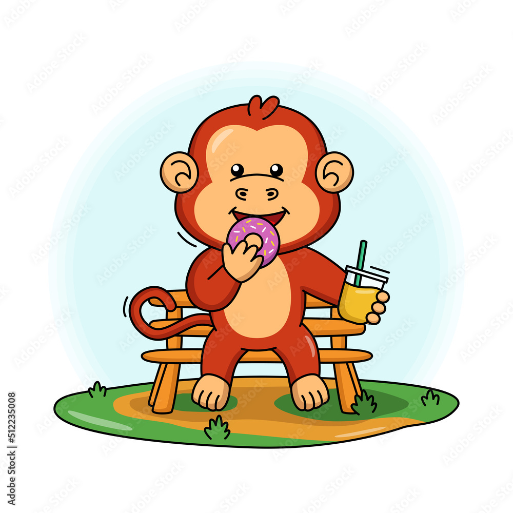 Cartoon illustration of cute monkey eating donut Stock Vector | Adobe Stock