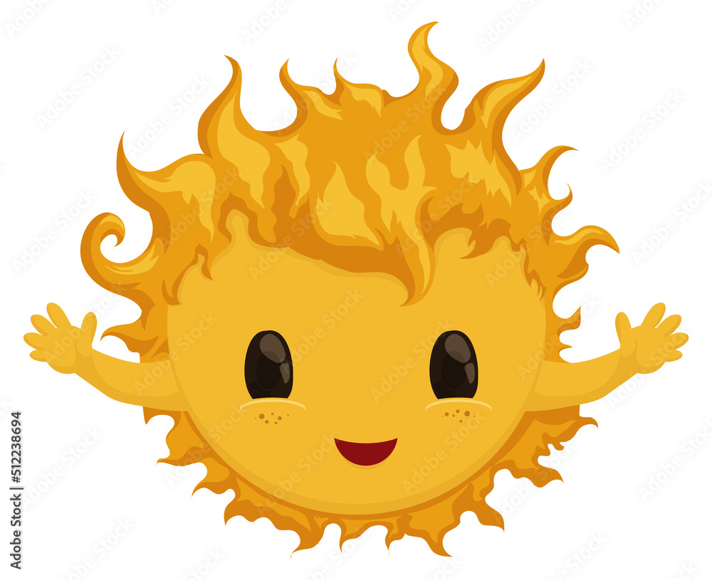 Cute kid sun welcoming the summertime in cartoon style, Vector ...