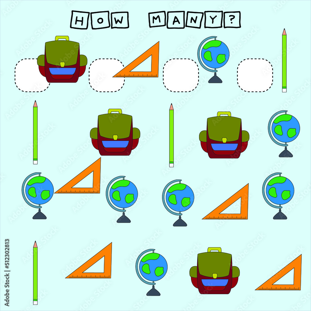 How many counting game with school supplies. Worksheet for preschool ...