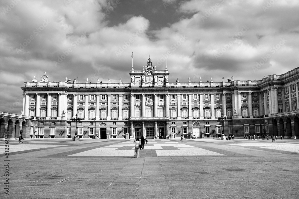 Madrid castle - Royal Palace. Retro style photo black and white BW ...