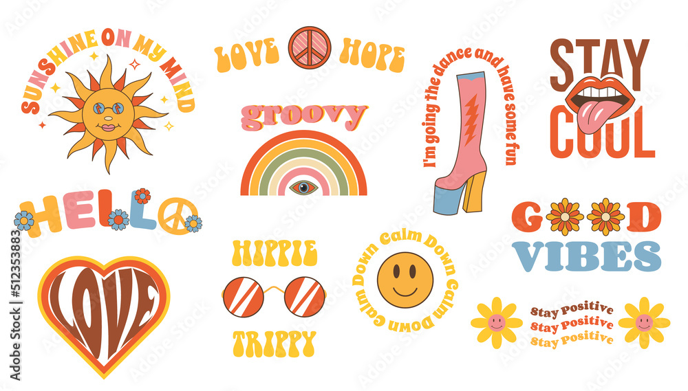 Colorful retro set of Hippie slogans, text and groovy 70s elements ...