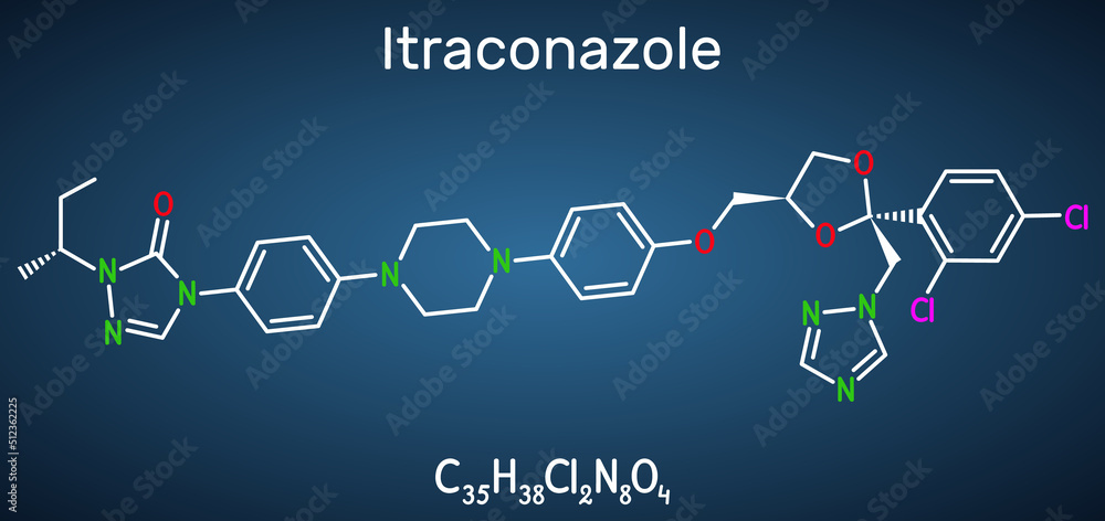 Itraconazole molecule. It is triazole antifungal drug used for the ...