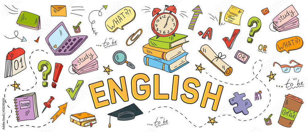 English language learning concept vector illustration. Doodle of foreign language education ...