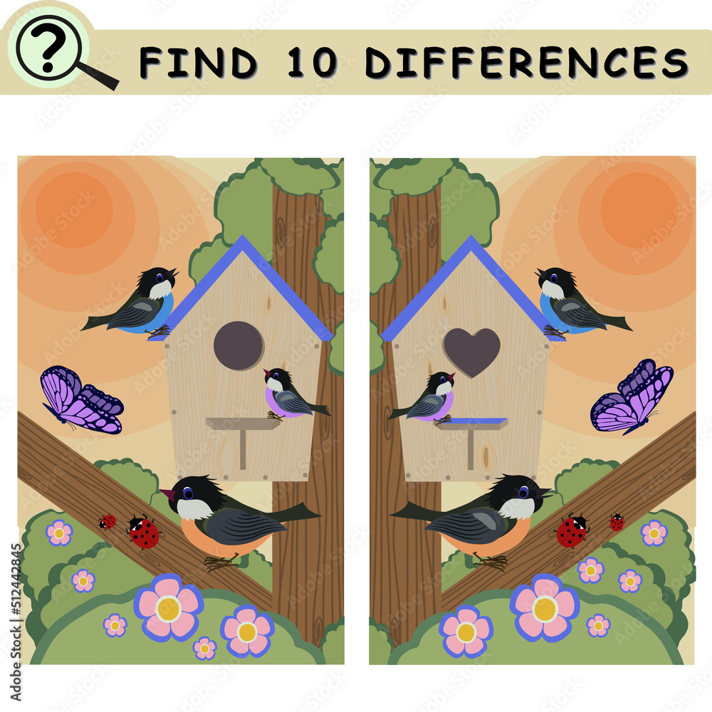 Find 10 differences. Cartoon tree, bird, bird house, ladybug, butterfly ...
