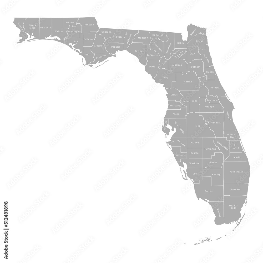 Highly detailed gray map of Florida, US state. Administrative Floridian ...
