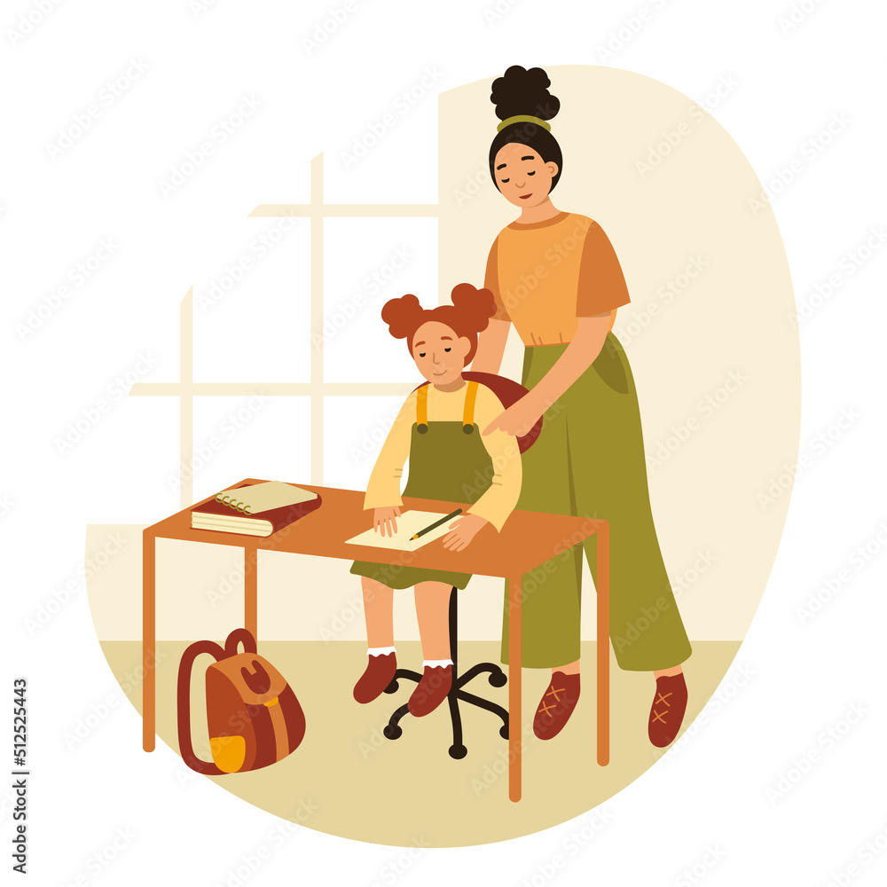 Mom teaching kid at home vector illustration. Cartoon child student ...