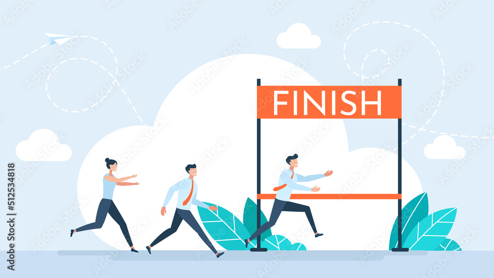 Running Man Crosses Finish Line. Business people run race crossing line ...